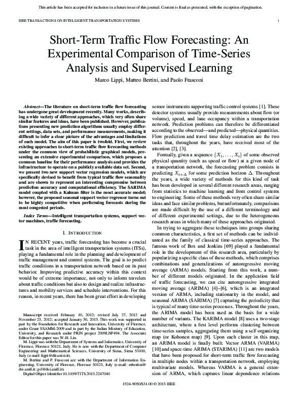 (PDF) Short-Term Traffic Flow Forecasting: An Experimental Comparison ...