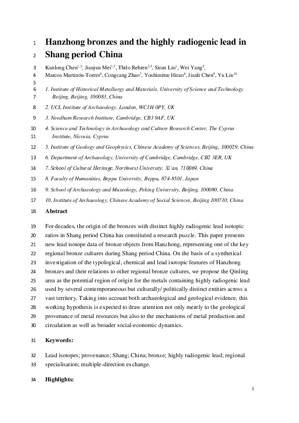 (PDF) Hanzhong bronzes and highly radiogenic lead in Shang period China