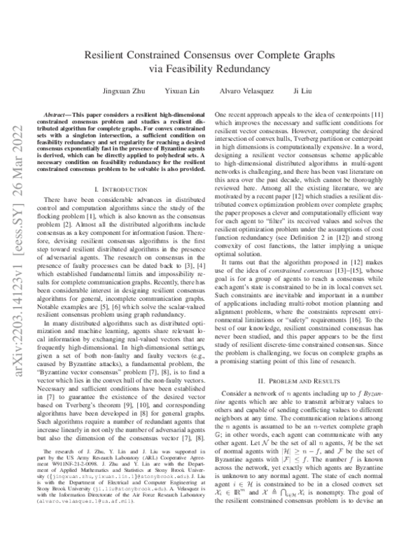 (PDF) Resilient Constrained Consensus over Complete Graphs via Feasibility Redundancy
