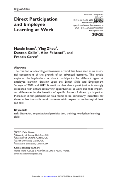 (PDF) Direct Participation and Employee Learning at Work
