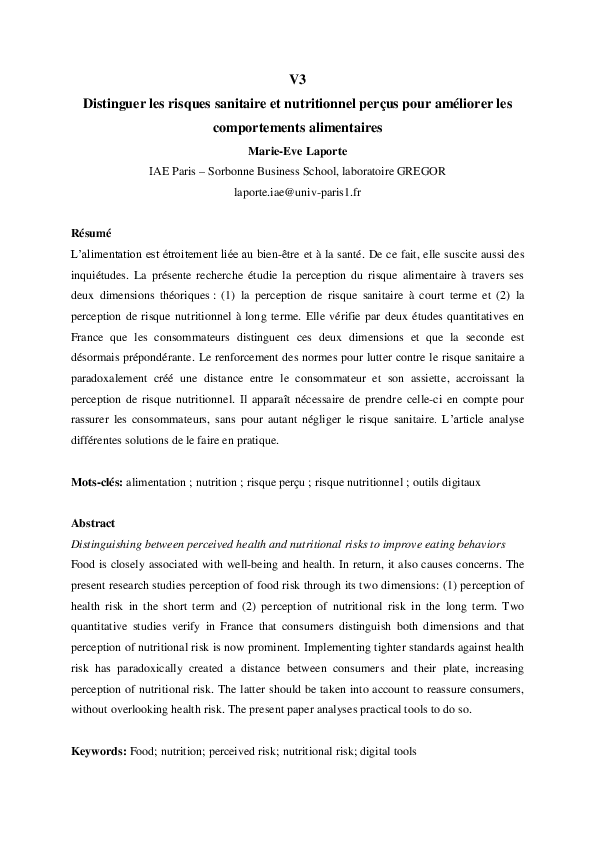 (PDF) Distinguer les risques sanitaire et nutritionnel perçus pour ...