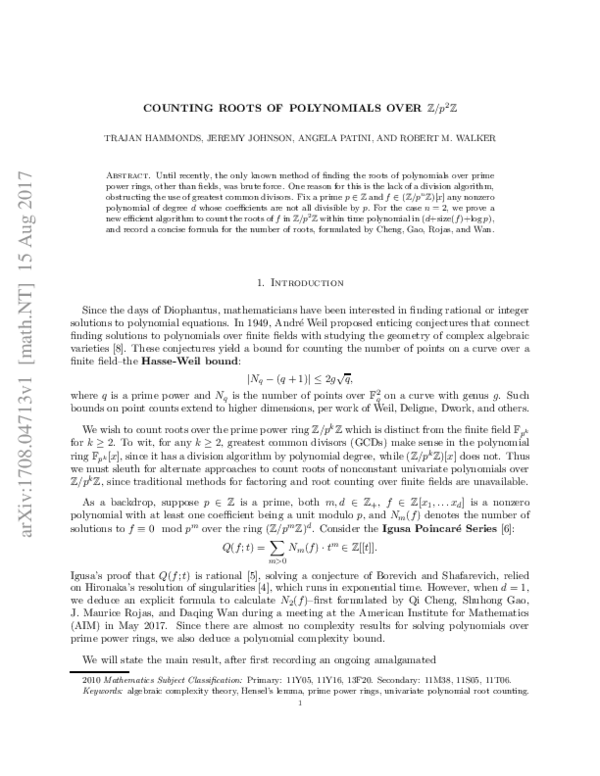 (PDF) Counting Roots of Polynomials over Z/p2Z