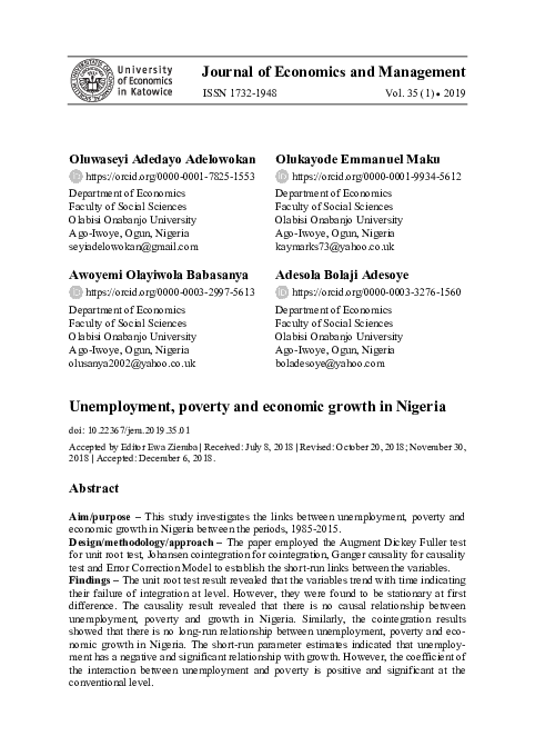 (PDF) Unemployment, poverty and economic growth in Nigeria