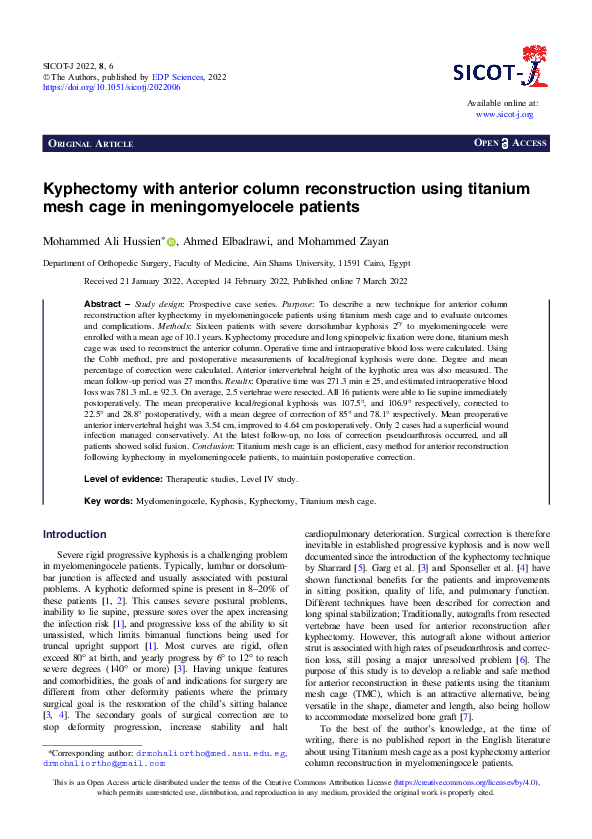 (PDF) Kyphectomy with anterior column reconstruction using titanium ...
