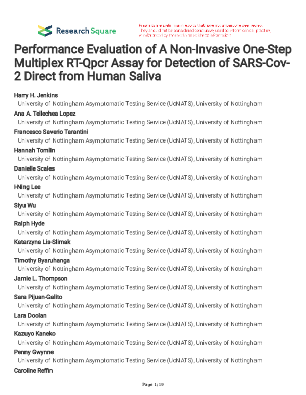 Pdf Performance Evaluation Of A Non Invasive One Step Multiplex Rt Qpcr Assay For Detection Of