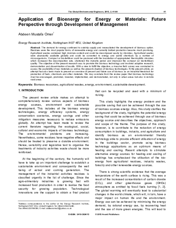 (PDF) Application of Bioenergy for Energy or Materials: Future ...