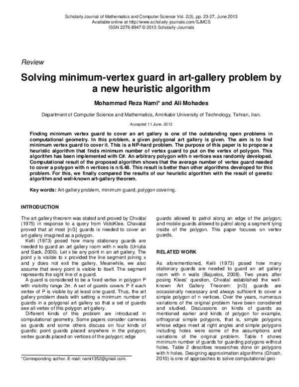 Pdf Solving Minimum Vertex Guard In Art Gallery Problem By A New Heuristic Algorithm 5452