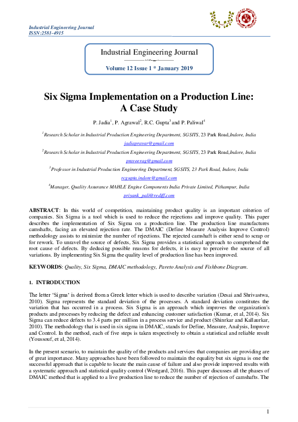 (PDF) Six Sigma Implementation on a Production Line : A Case Study ...