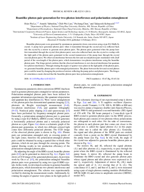 (PDF) Beamlike photon-pair generation for two-photon interference and polarization entanglement