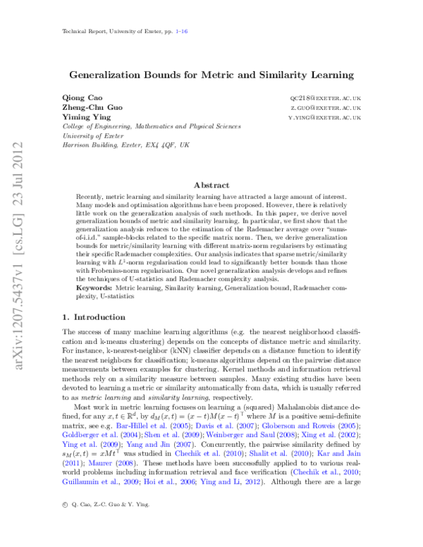 (PDF) Generalization Bounds for Metric and Similarity Learning