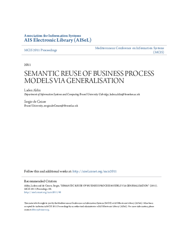(PDF) Semantic reuse of business process models via generalisation
