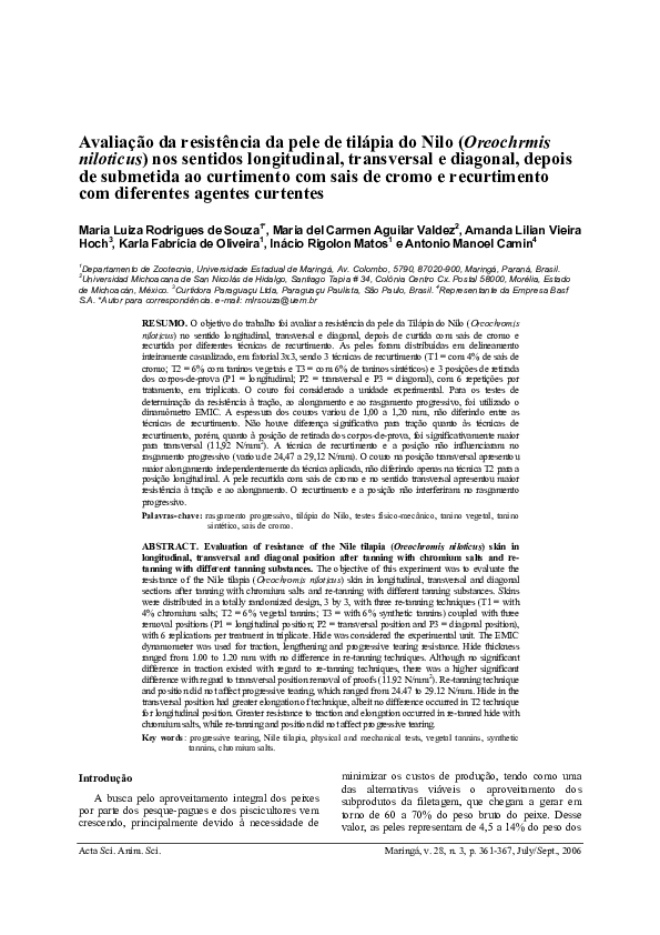 (PDF) Avaliação da resistência da pele de tilápia do Nilo (Oreochrmis ...