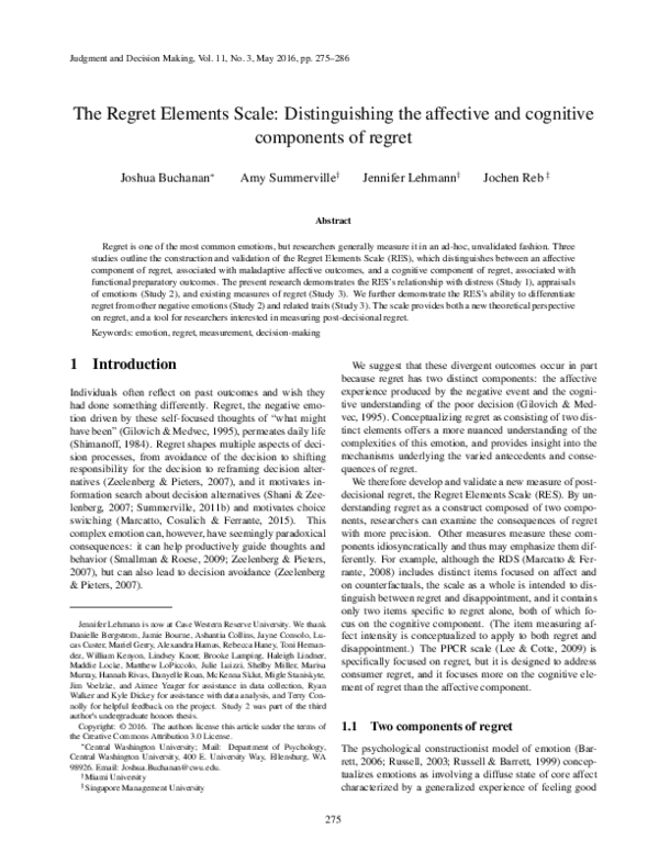 (PDF) The Regret Elements Scale: Distinguishing the affective and ...