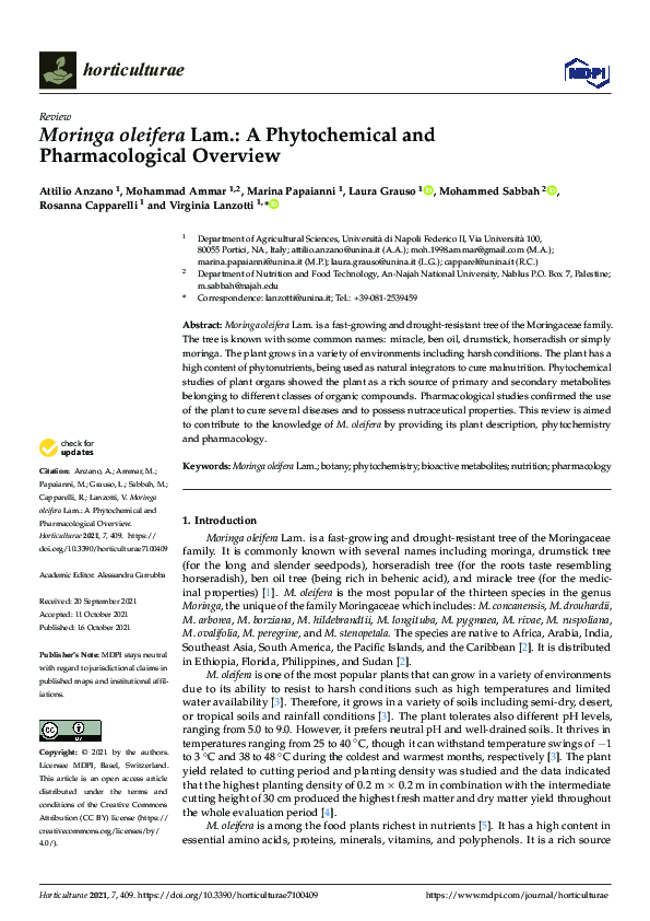 (PDF) Moringa oleifera Lam.: A Phytochemical and Pharmacological Overview