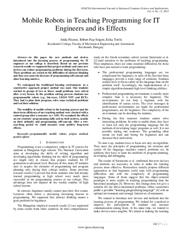 (PDF) Mobile Robots in Teaching Programming for IT Engineers and its Effects | Török Erika ...