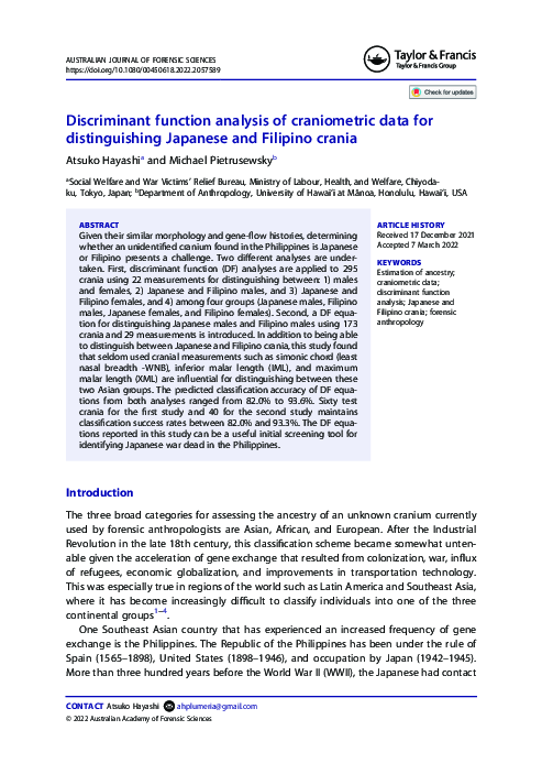 (PDF) Discriminant function analysis of craniometric data for ...