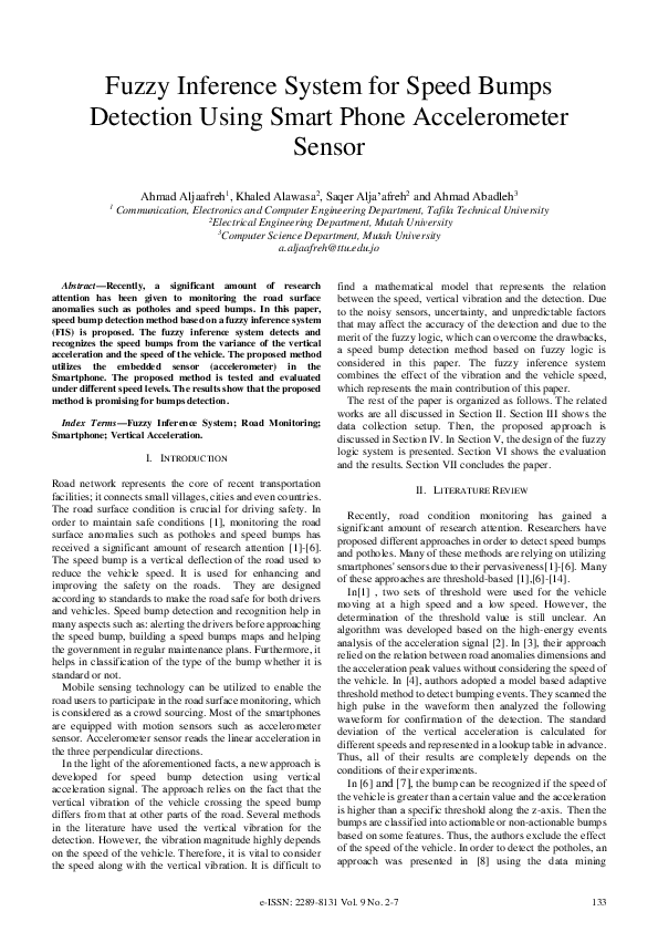 Pdf Fuzzy Inference System For Speed Bumps Detection Using Smart