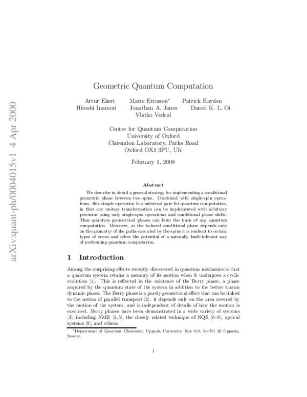 (PDF) Geometric quantum computation
