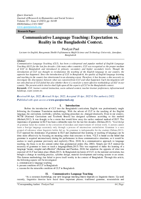 (PDF) Communicative Language Teaching: Expectation vs. Reality in the Bangladeshi Context