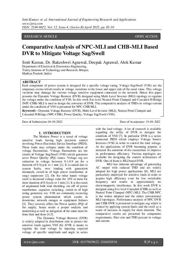 (PDF) Comparative Analysis of NPC-MLI and CHB-MLI Based DVR to Mitigate Voltage Sag/Swell