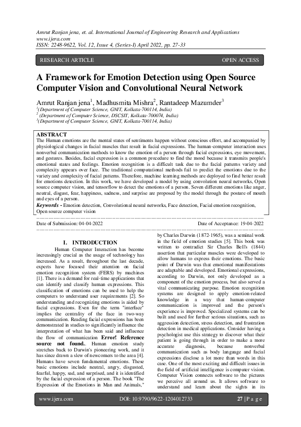 Pdf A Framework For Emotion Detection Using Open Source Computer
