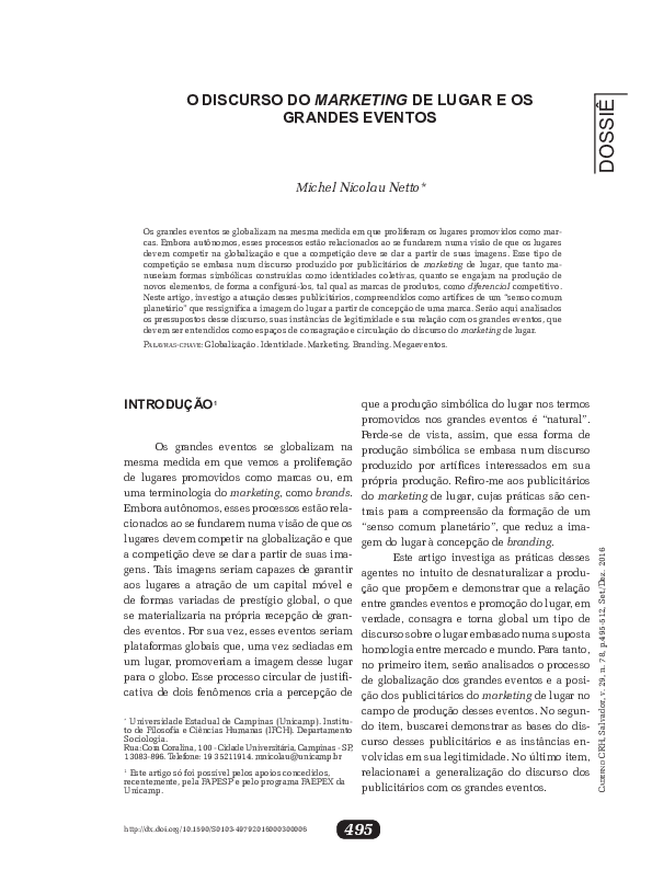 (PDF) O Discurso Do Marketing De Lugar e Os Grandes Eventos | Michel ...