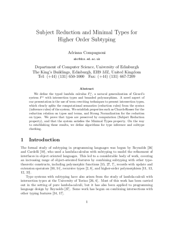 (PDF) Subject reduction and minimal types for higher order subtyping