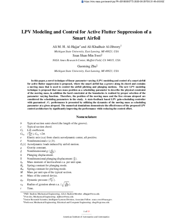 Pdf Lpv Modeling And Control For Active Flutter Suppression Of A Smart Airfoil