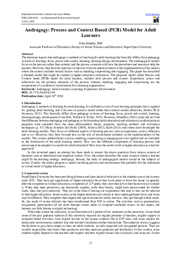 (PDF) Andragogy: Process and Context Based (PCB) Model for Adult Learners