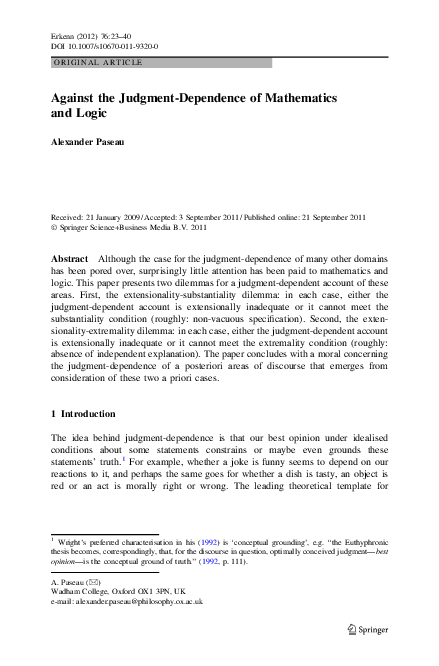 (PDF) Against the Judgment-Dependence of Mathematics and Logic