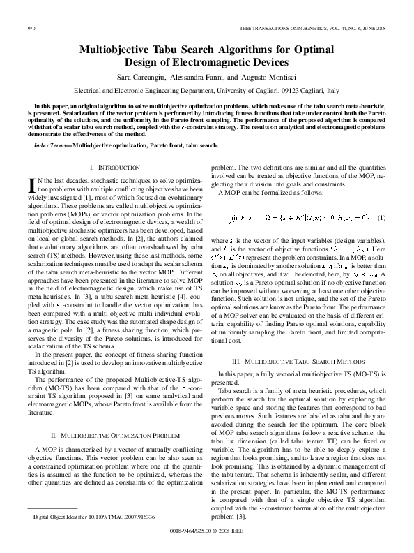 (PDF) Multiobjective Tabu Search Algorithms for Optimal Design of Electromagnetic Devices