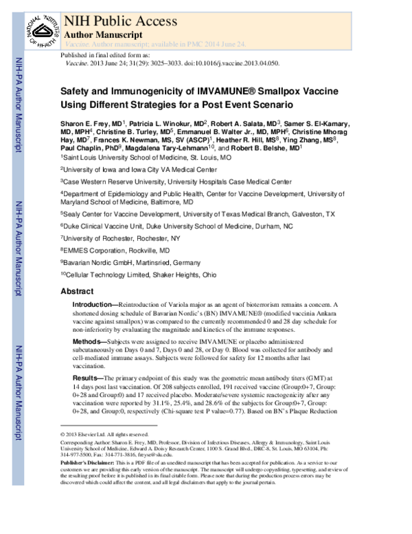 (PDF) Safety and immunogenicity of IMVAMUNE® smallpox vaccine using ...
