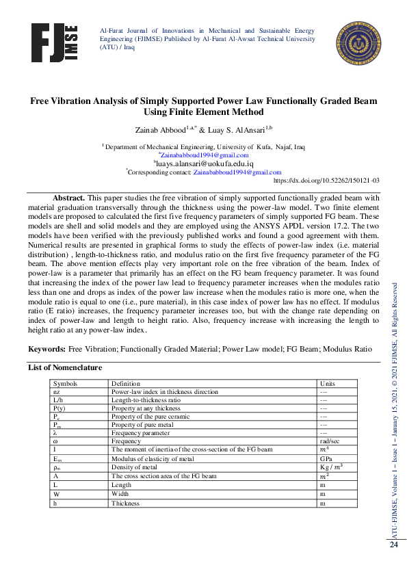 (PDF) Free Vibration Analysis of Simply Supported Power Law Functionally Graded Beam Using ...