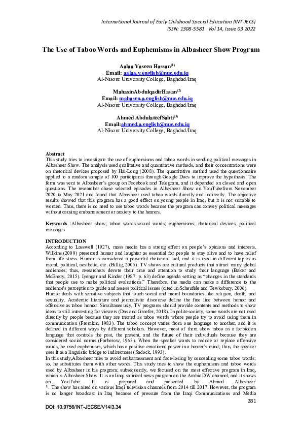 (PDF) The Use of Taboo Words and Euphemisms in Albasheer Show Program