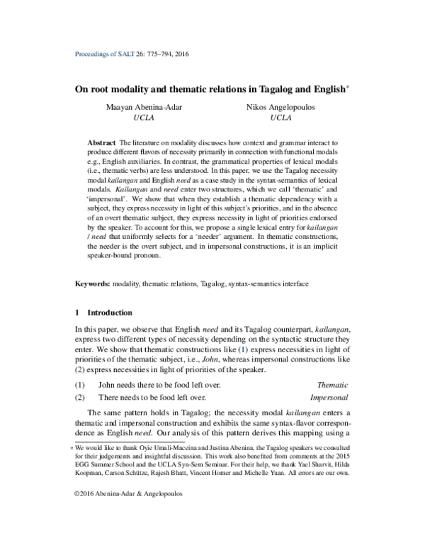 (PDF) On root modality and thematic relations in Tagalog and English