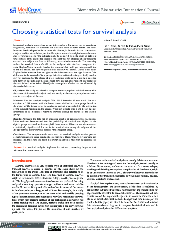 (PDF) Choosing statistical tests for survival analysis