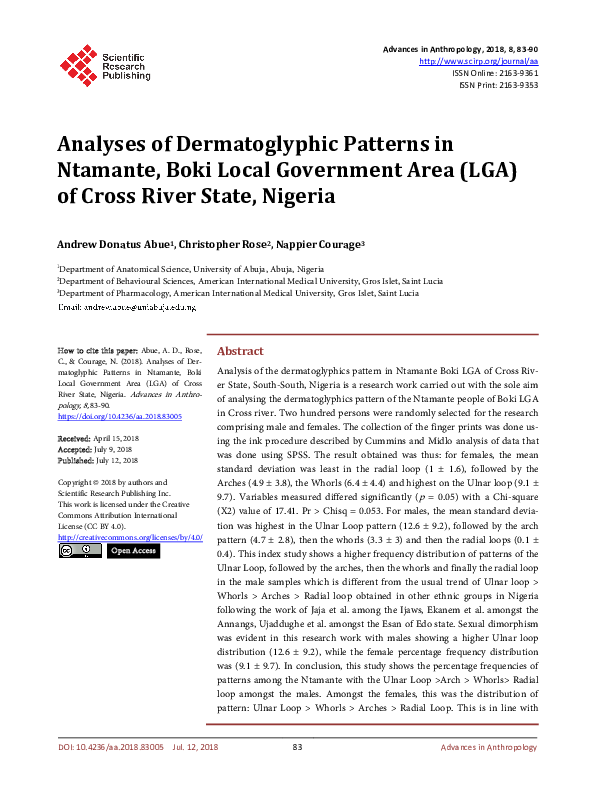 (PDF) Analyses of Dermatoglyphic Patterns in Ntamante, Boki Local ...