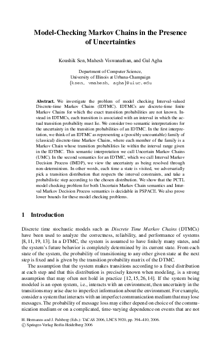 (PDF) Model-Checking Markov Chains in the Presence of Uncertainties
