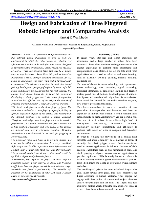 (PDF) Design and Fabrication of Three Fingered Robotic Gripper and Comparative Analysis