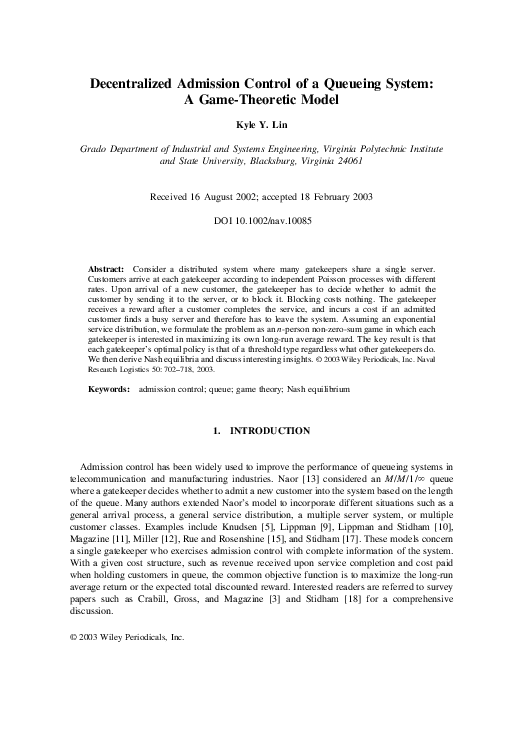 (PDF) Decentralized admission control of a queueing system: A game-theoretic model | Kyle Lin ...