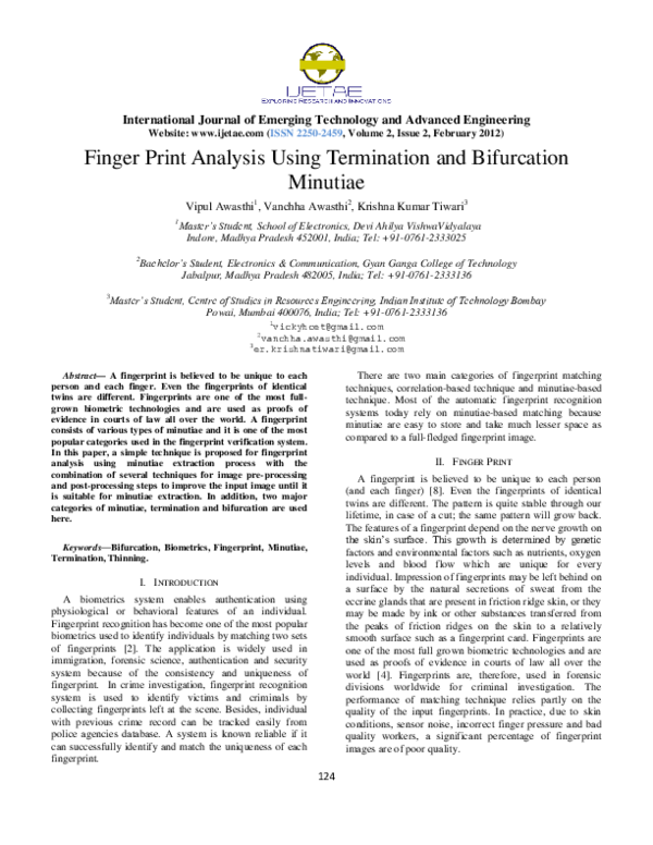 (PDF) Finger Print Analysis Using Termination and Bifurcation Minutiae