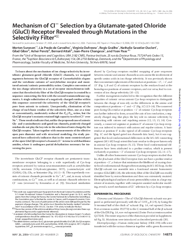(PDF) Mechanism of Cl- Selection by a Glutamate-gated Chloride (GluCl ...