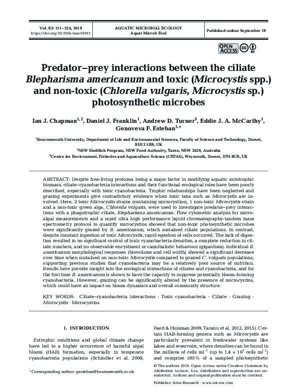 (PDF) Predator–prey interactions between the ciliate Blepharisma ...