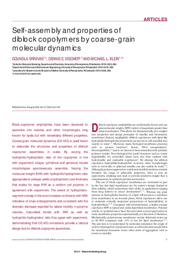 (PDF) Self-assembly and properties of diblock copolymers by coarse-grain molecular dynamics