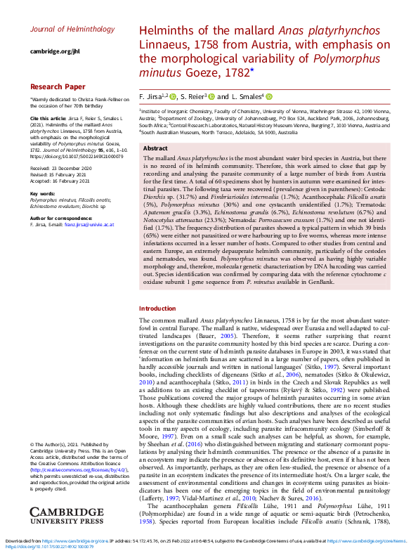 (PDF) Helminths of the mallard Anas platyrhynchos Linnaeus, 1758 from ...