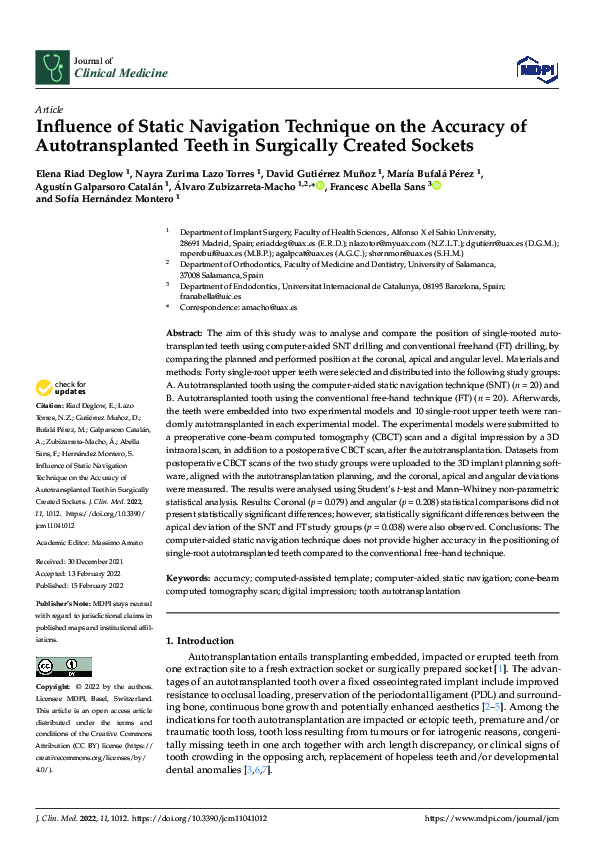 (PDF) Influence of Static Navigation Technique on the Accuracy of Autotransplanted Teeth in ...