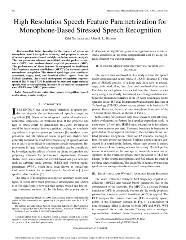 (PDF) High resolution speech feature parametrization for monophone-based stressed speech recognition