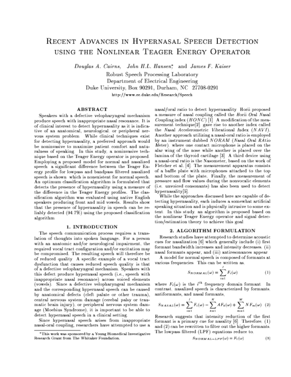 (PDF) Recent advances in hypernasal speech detection using the nonlinear Teager energy operator