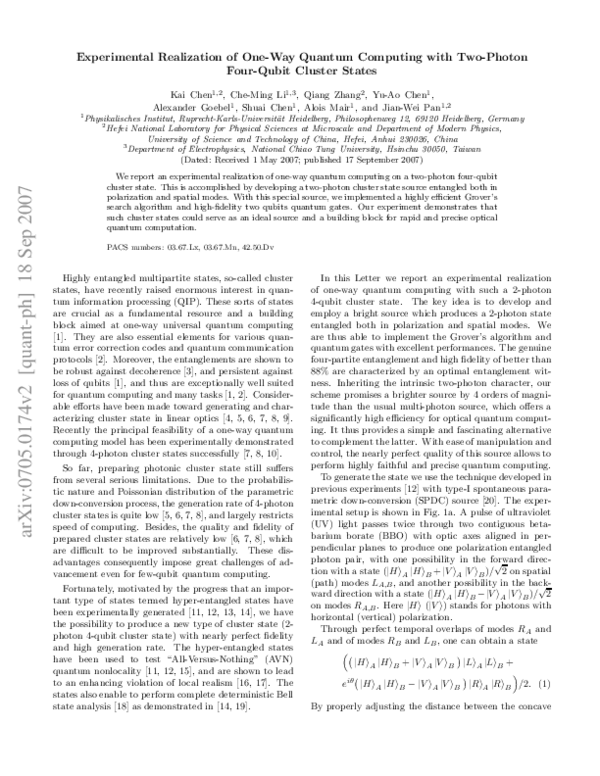 (PDF) Experimental realization of one-way quantum computing with two ...