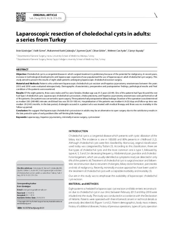 (PDF) Laparoscopic resection of choledochal cysts in adults: a series from Turkey